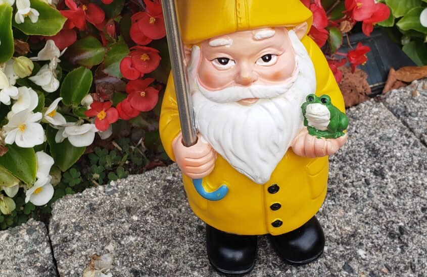 Yellow Rain Coat Gnome with Blue Umbrella - The Gnome Shop