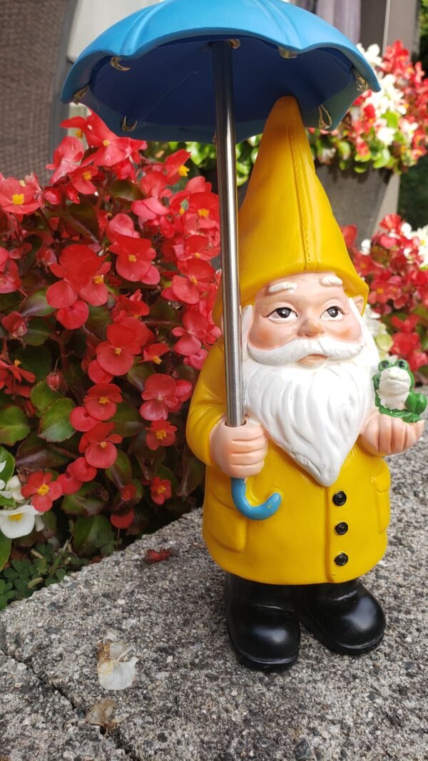 Yellow Rain Coat Gnome with Blue Umbrella - The Gnome Shop