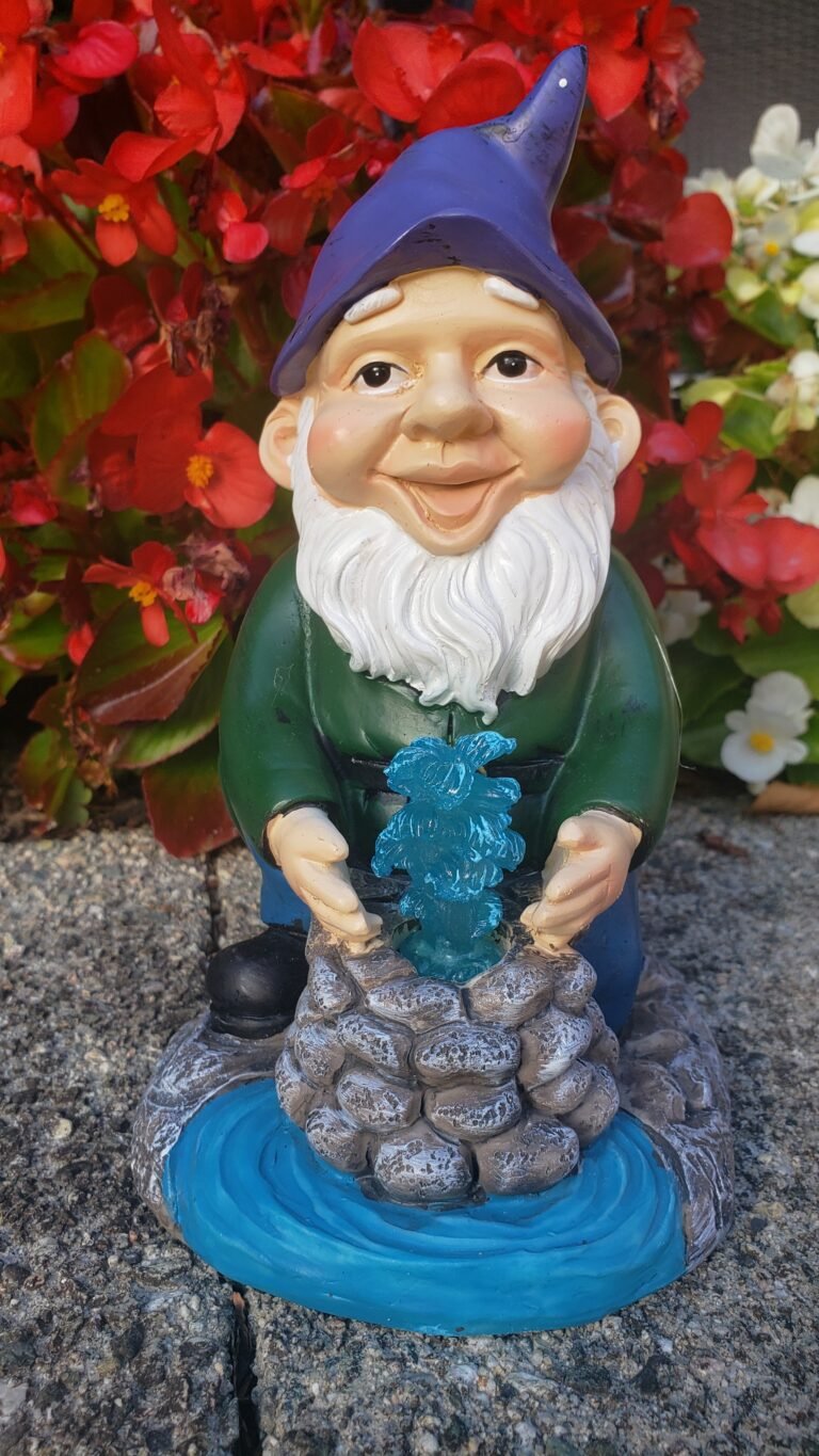 Garden Gnome at Solar Powered Water Fountain - The Gnome Shop